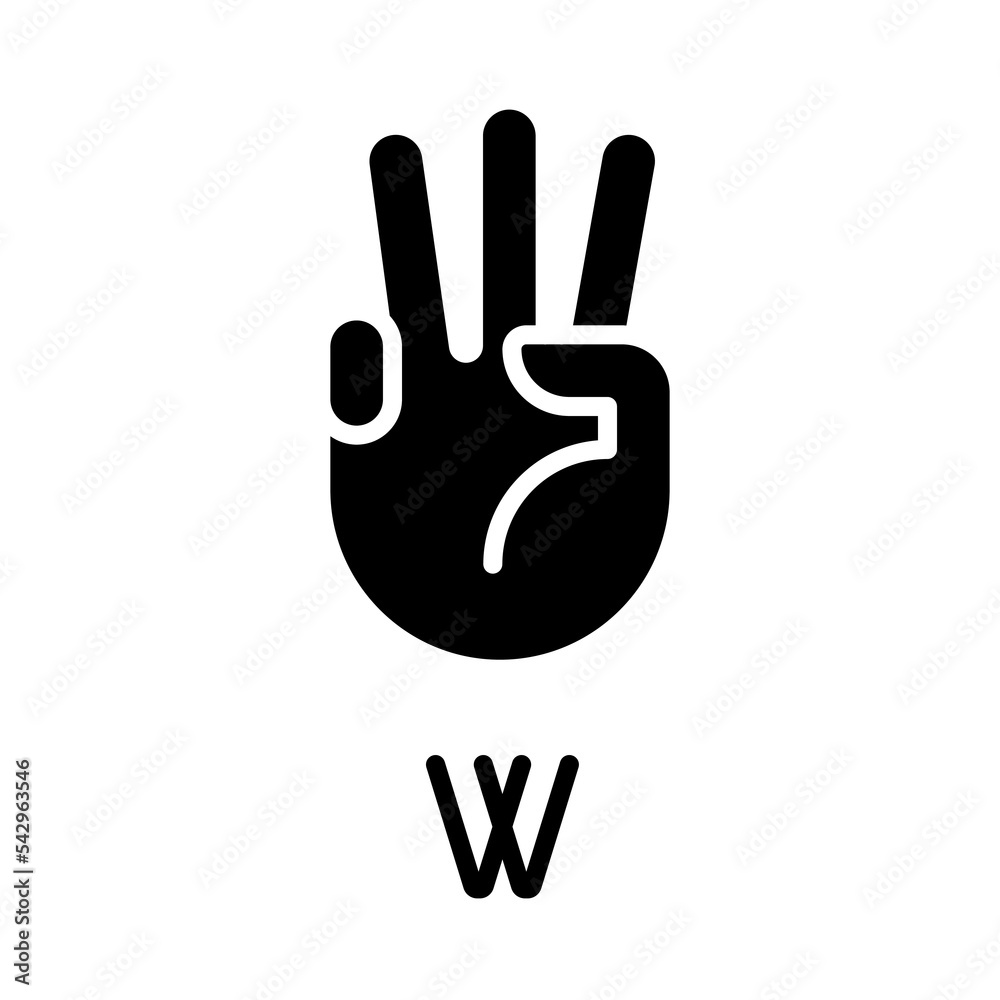 Letter W in American sign language black glyph icon. Nonverbal ...