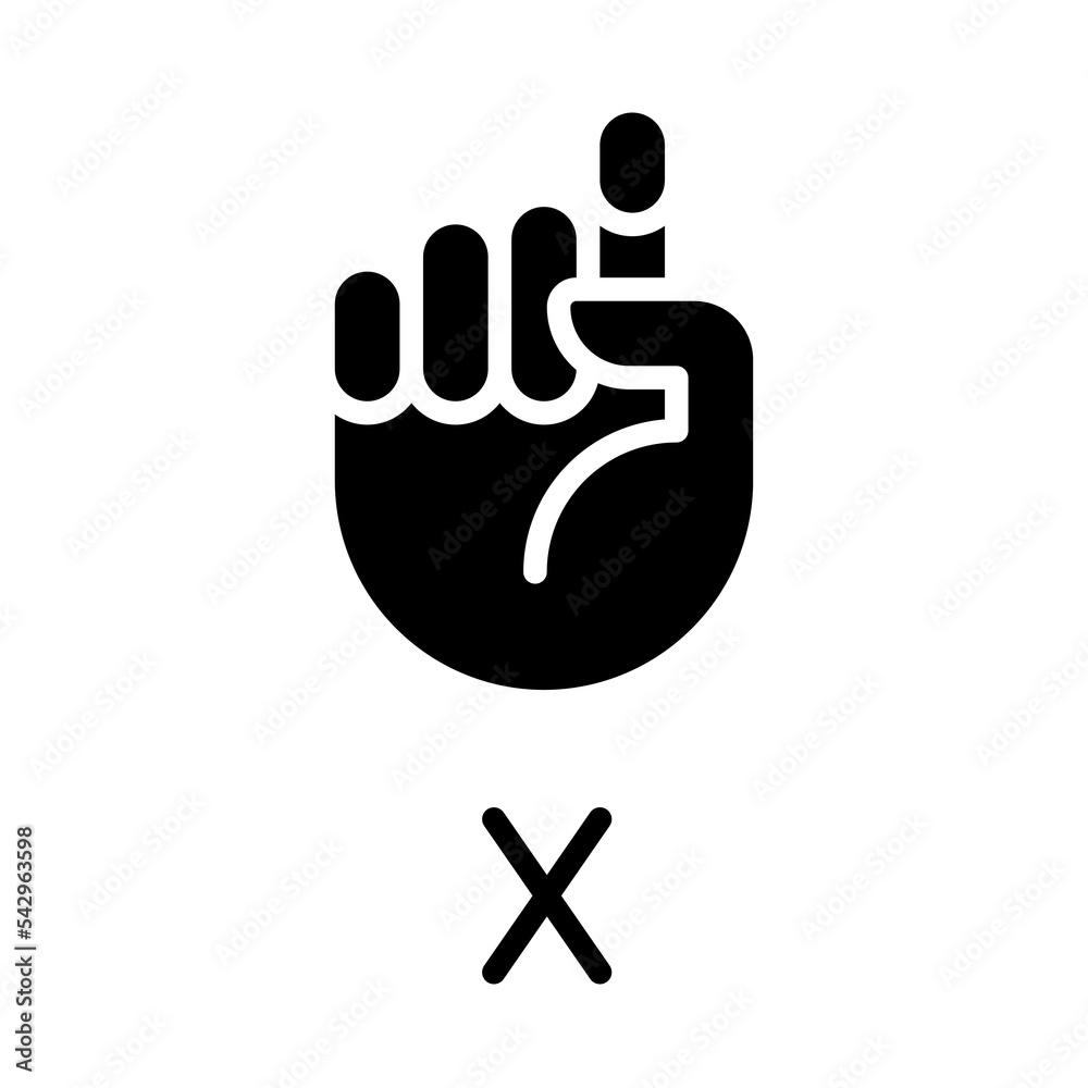 Letter X in ASL black glyph icon. American sign language. Visual ...