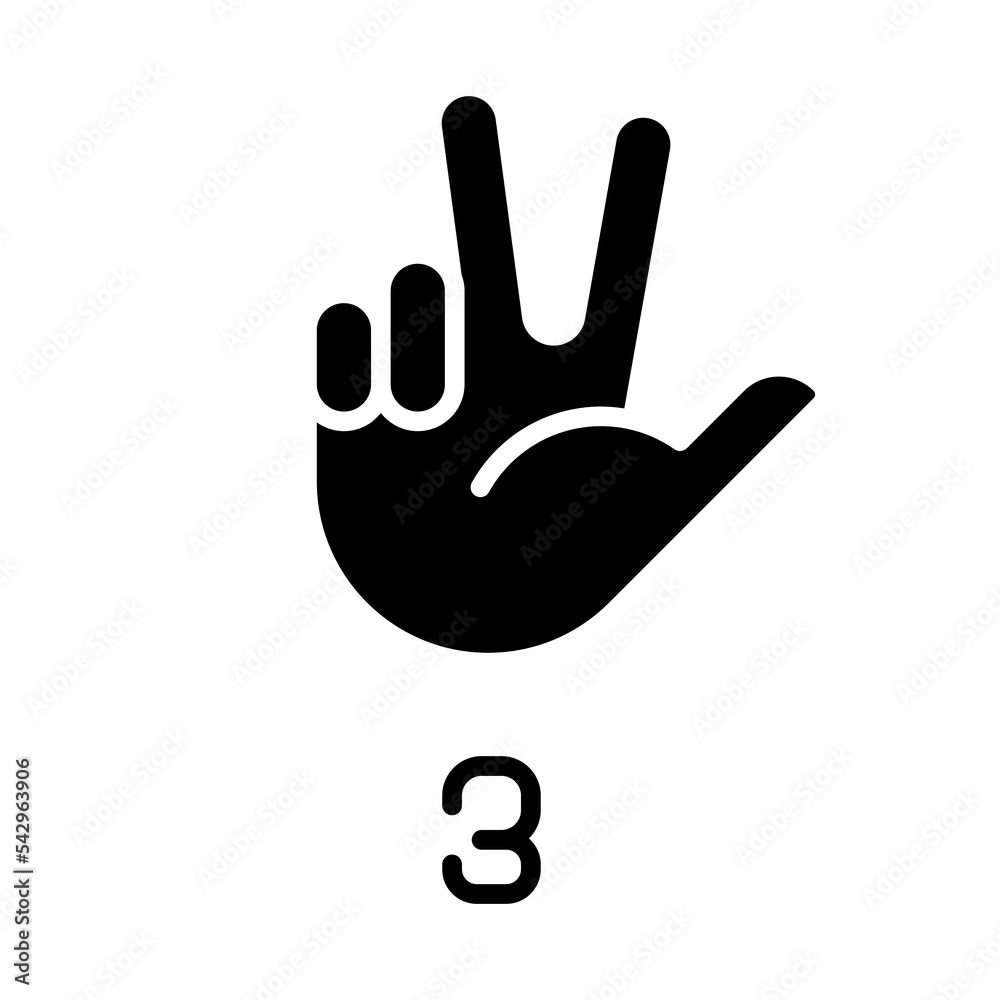 Signing digit three in ASL black glyph icon. Nonverbal communication ...