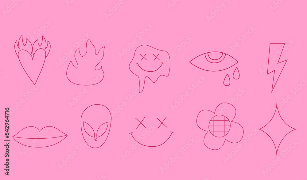 Girly stickers 2000s set. Vector pink set of psychedelic stickers retro ...