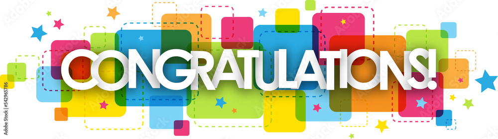 CONGRATULATIONS! typography banner with colorful squares and stars on ...