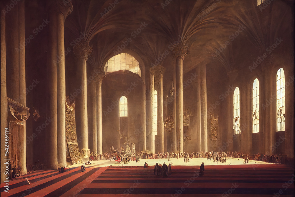 Medieval illustration featuring the interior of a throne room, crowds ...