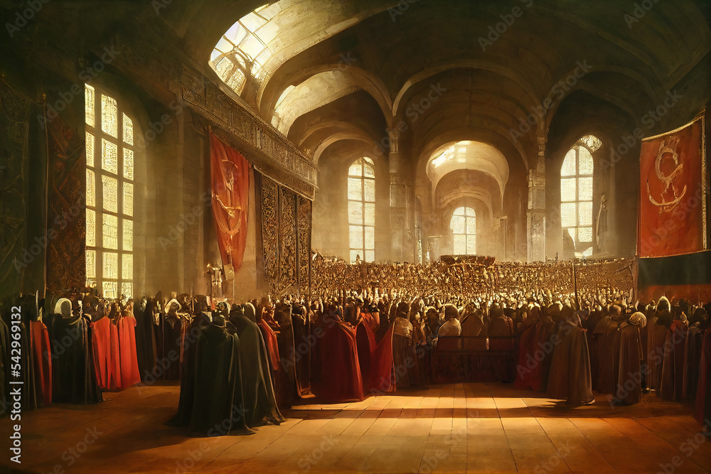 Medieval illustration featuring the interior of a throne room, crowds ...