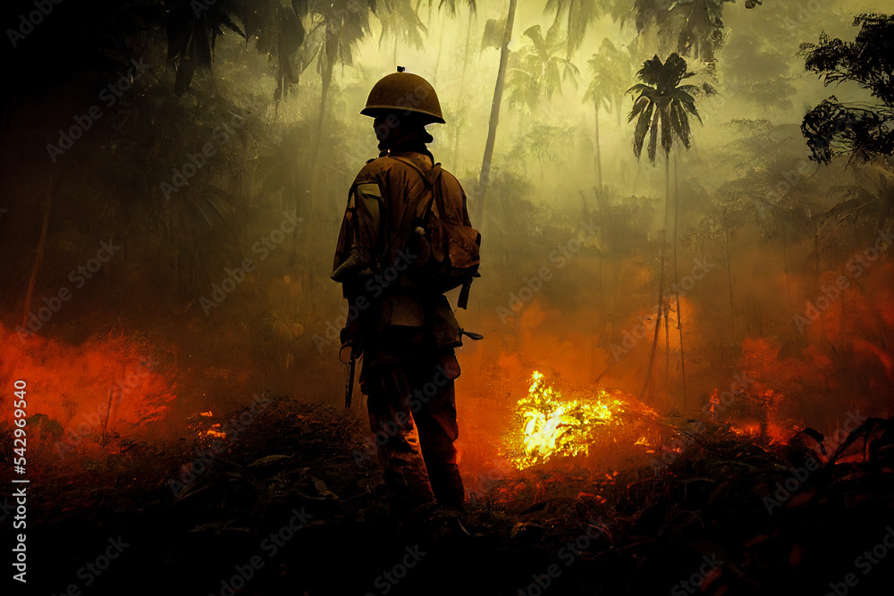 Silhouette of US army soldier on the battlefield. Burning jungle ...