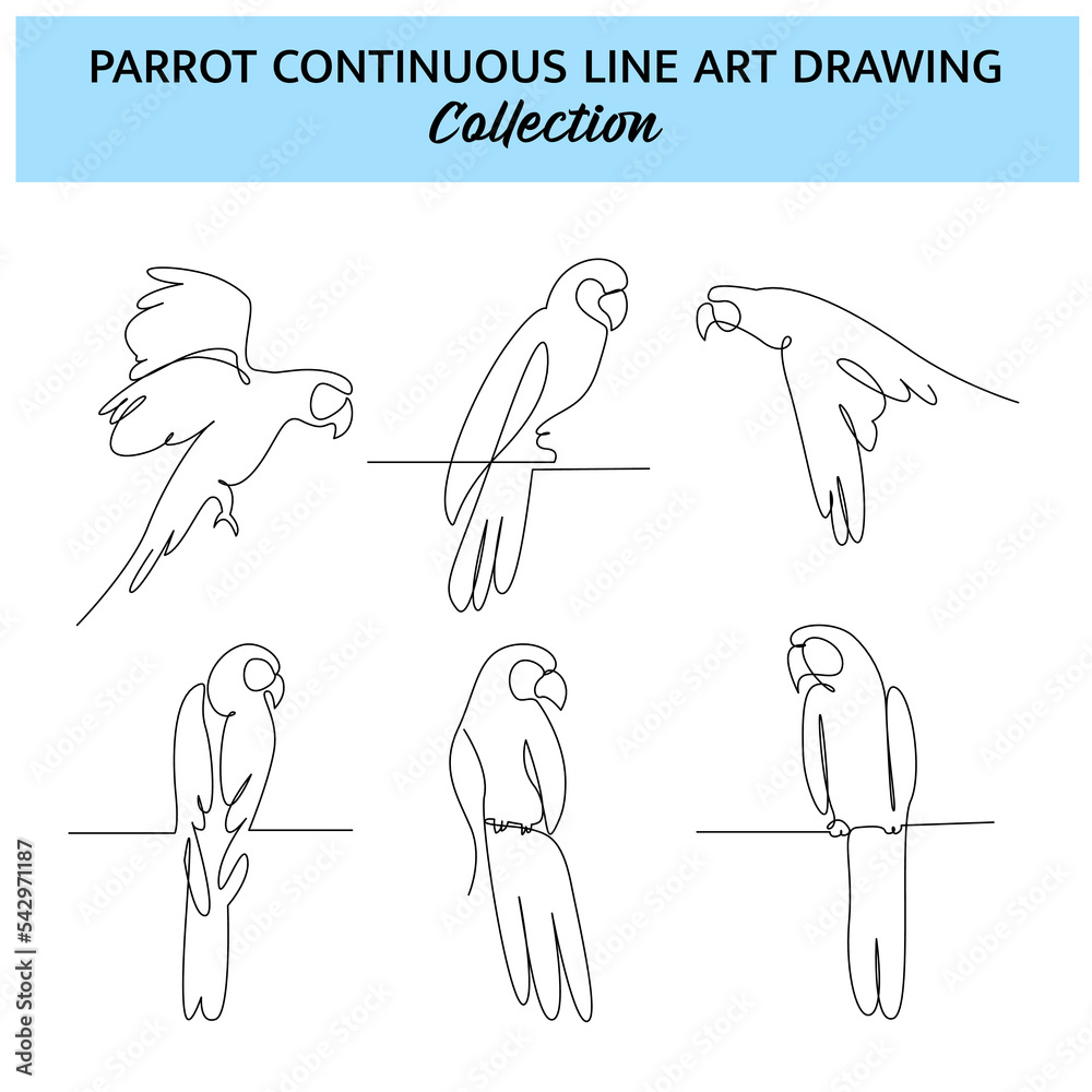 Set of parrot bird one continuous line drawing. Cute decoration hand ...