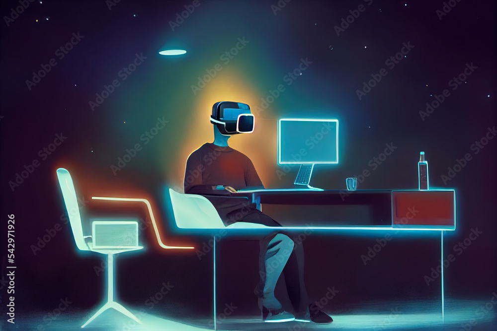 Man with VR headset sitting at a computer at night. Interior of a dark ...