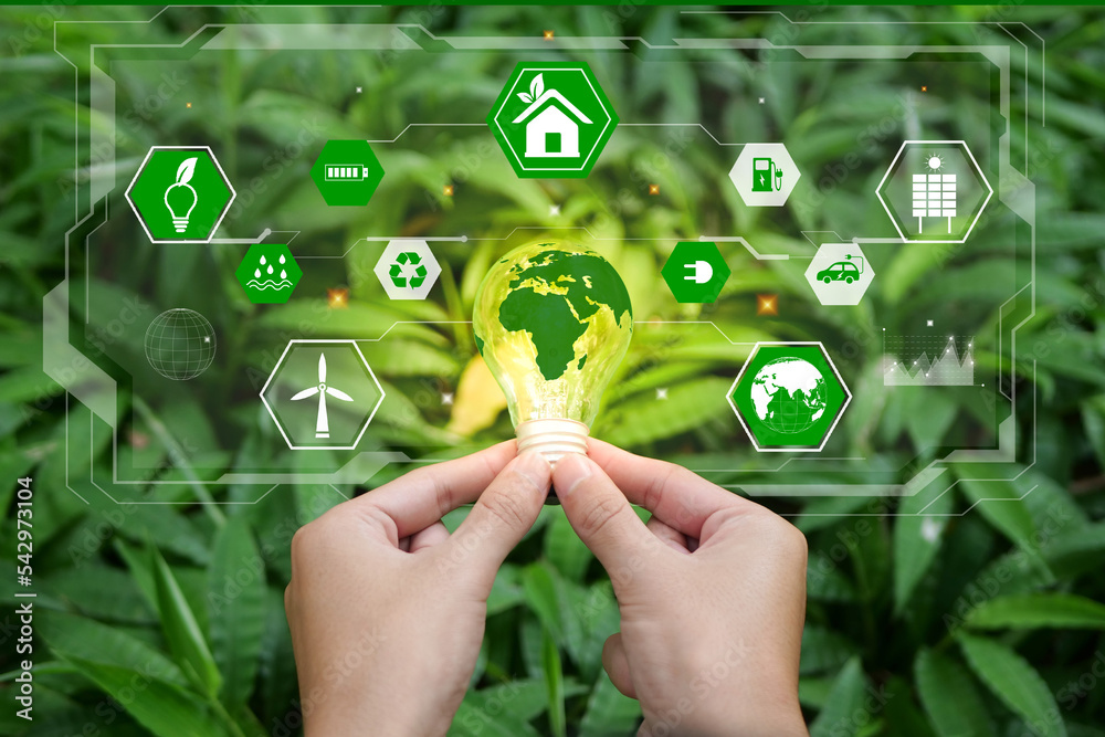 Renewable Energy. Hand holding light bulb and have green world map with ...