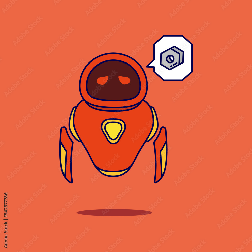 Cute mascot robot think about bolt nut cartoon icon illustration. Flat ...