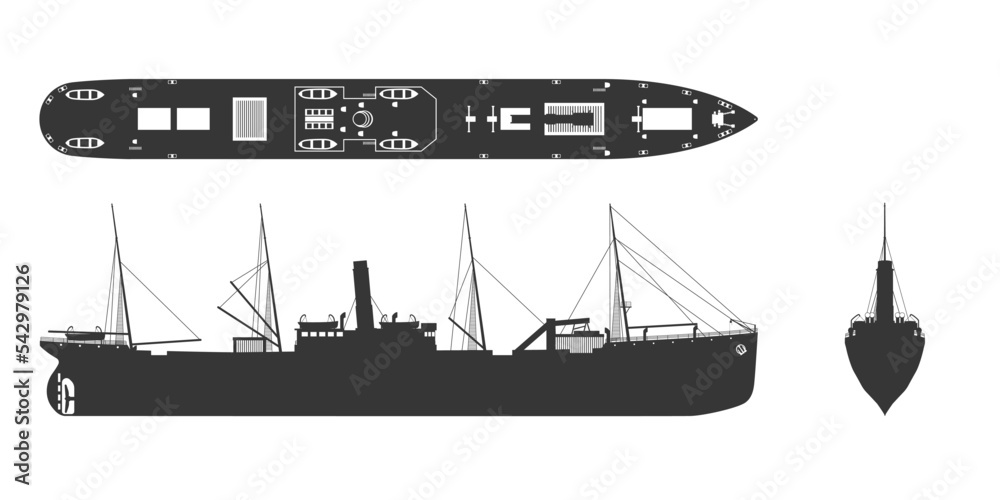 Black silhouette of steamer. Contour steamship industrial blueprint ...