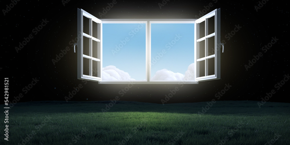 Abstract surrealistic illustration. Open window with day light inside ...
