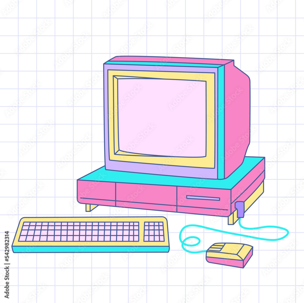 Retrowave y2k pc. An old computer with a CRT monitor on a grid ...