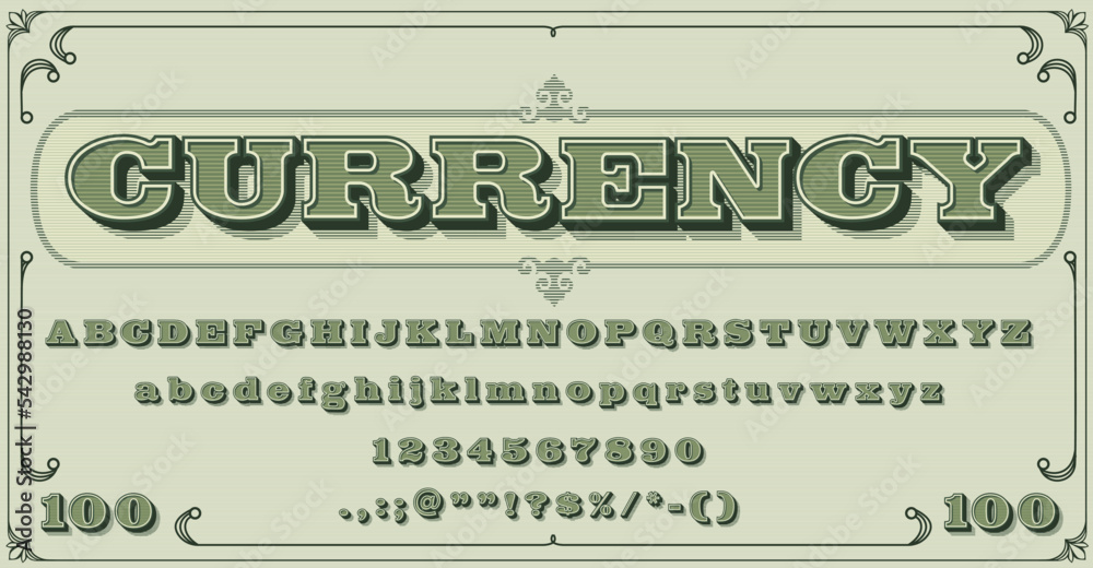 Money font, vintage type or typeface alphabet typography, vector ...