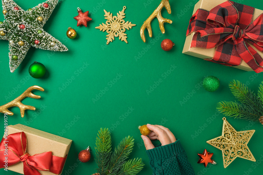 Merry Christmas border frame background with gift box, woman hands and ...