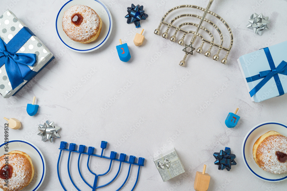 Jewish holiday Hanukkah frame border background with traditional donuts ...
