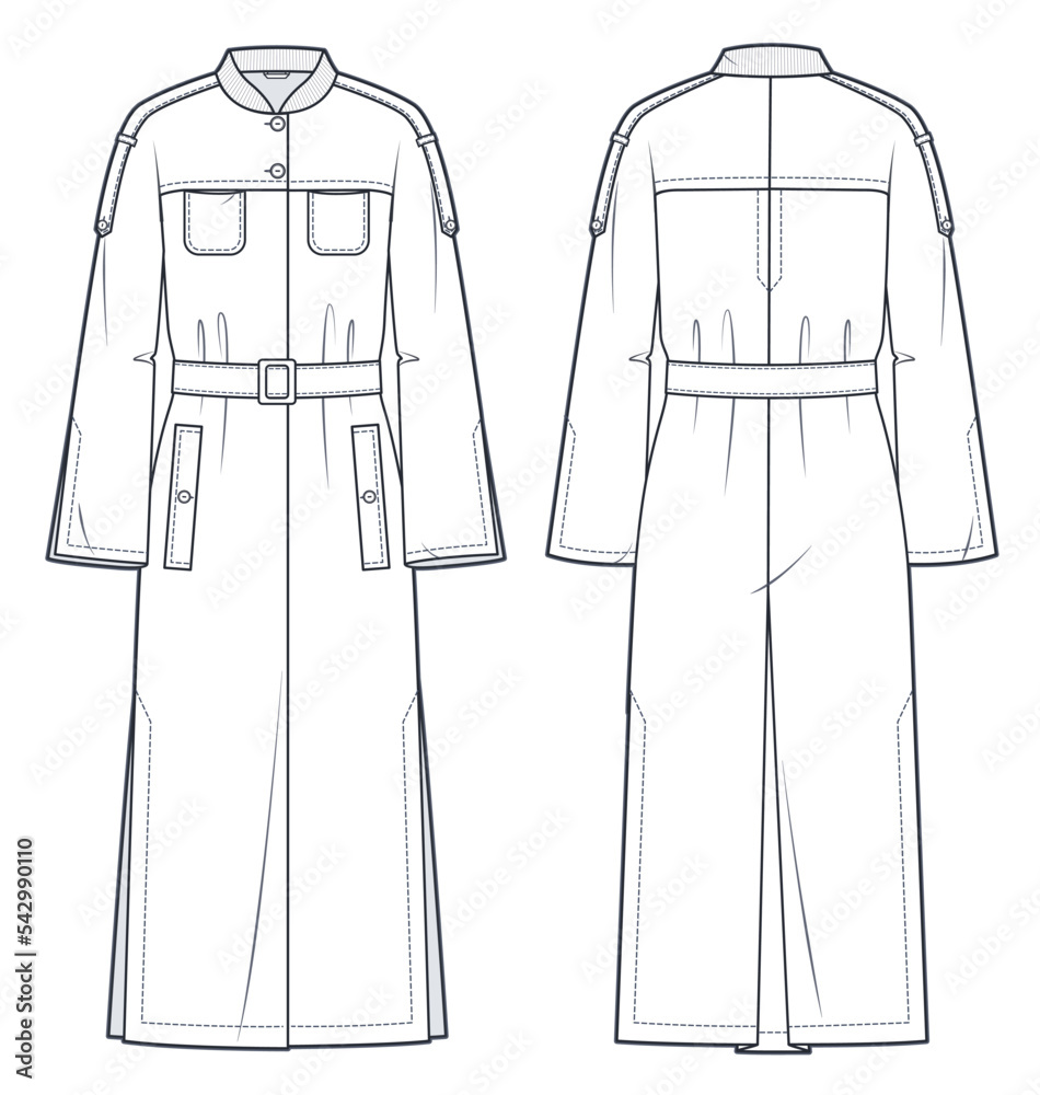 Trench Coat technical fashion Illustration. Belted Coat fashion flat ...
