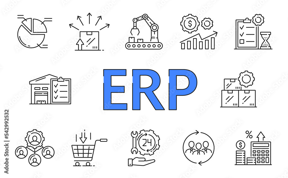 ERP. Enterprise resource planning infographics. Marketing line icons ...