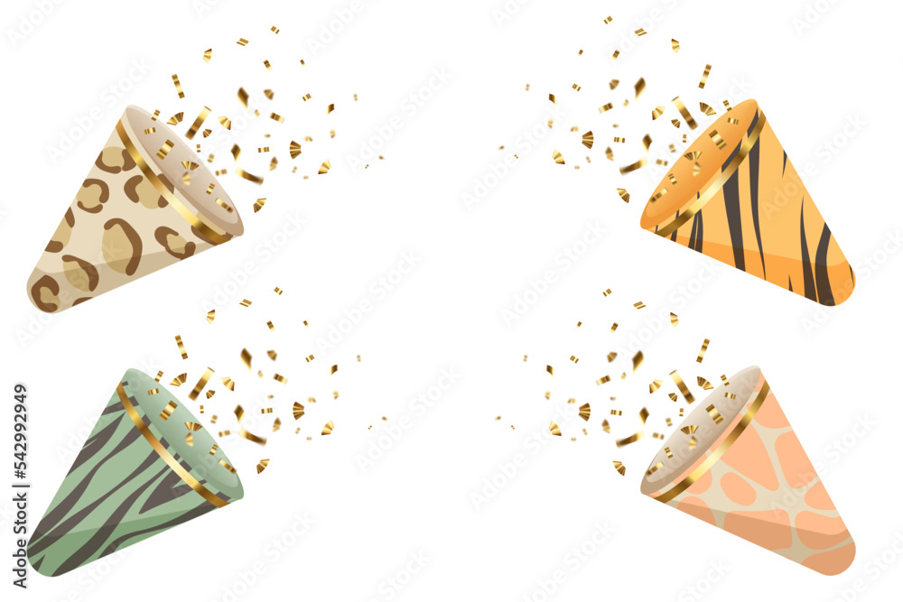 Party popper with gold confetti animal print isolated on white. Vector ...