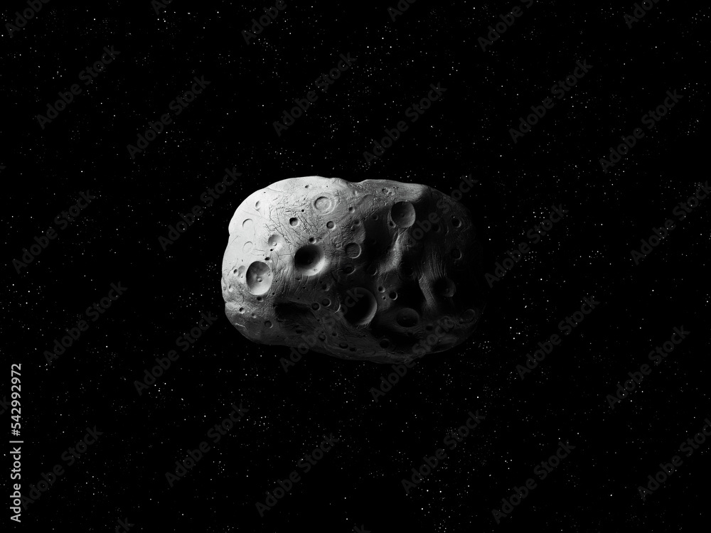 Meteorite with impact craters on the surface. Asteroid in space with ...