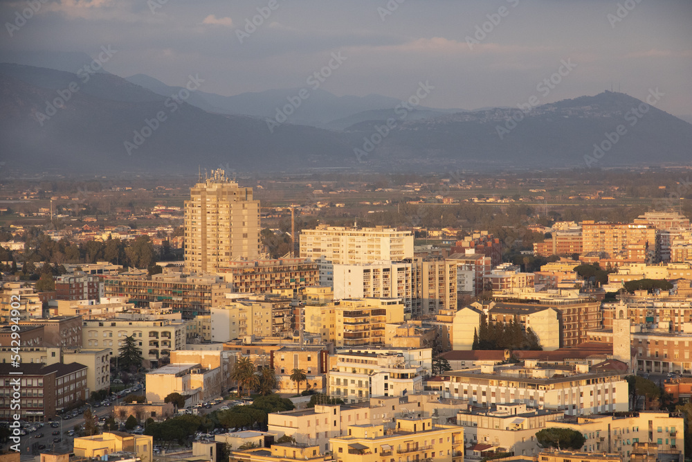 Aerial view of the city of Latina Italy at sunset. City reclaimed by ...