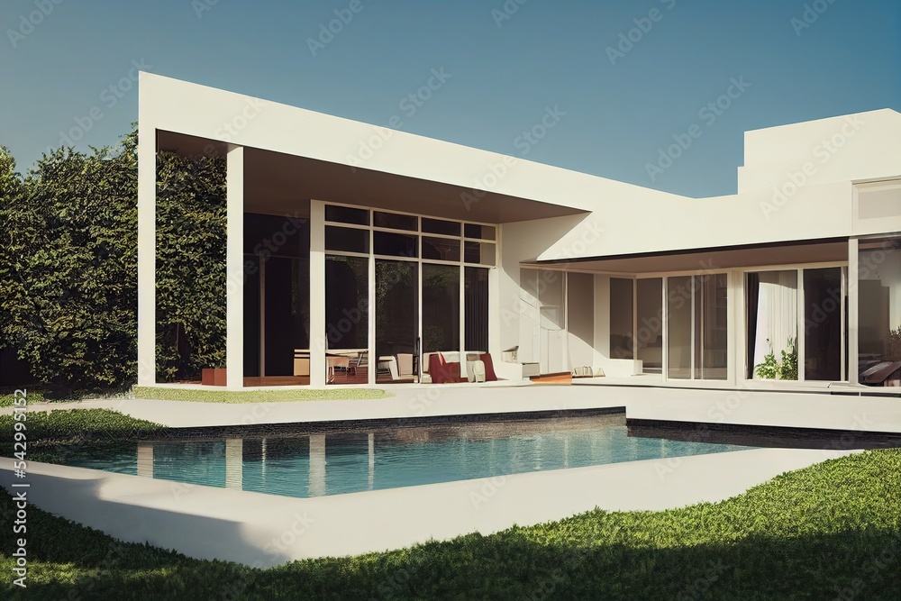 Perspective modern house with terrace, swimming pool on green forest ...