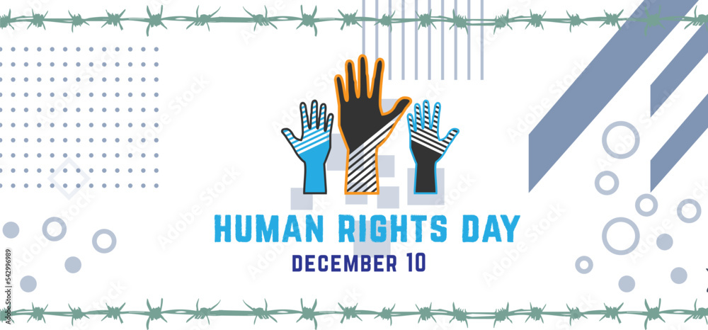 Human Rights Day Poster with human hands up. Raised hands silhouette ...
