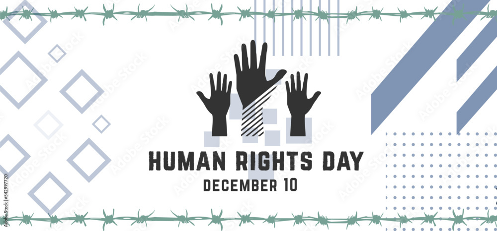 Human Rights Day Poster with human hands up. Raised hands silhouette ...