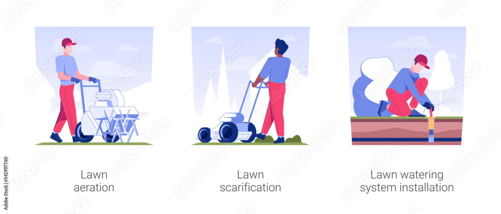 Lawn maintenance service isolated concept vector illustration set. Lawn ...