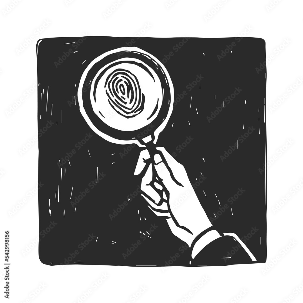 Vector hand drawn sketch of hand with magnifying glass. Illustration in ...