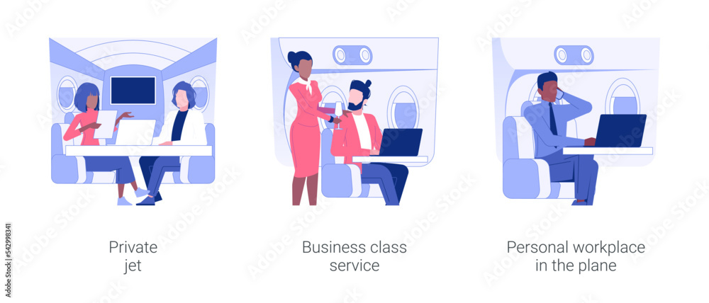 Business travel by plane isolated concept vector illustration set ...