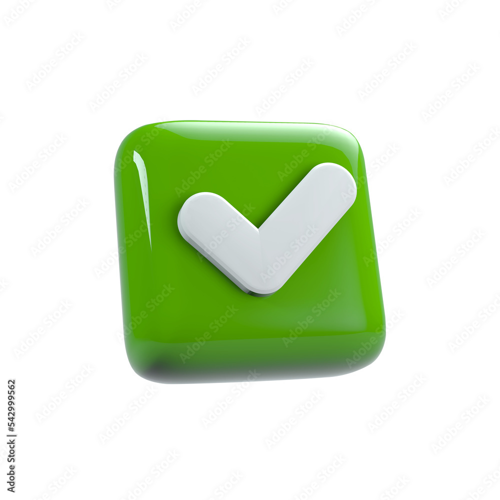 Glossy square check mark icon, s Symbol of acceptance. 3d render Stock ...