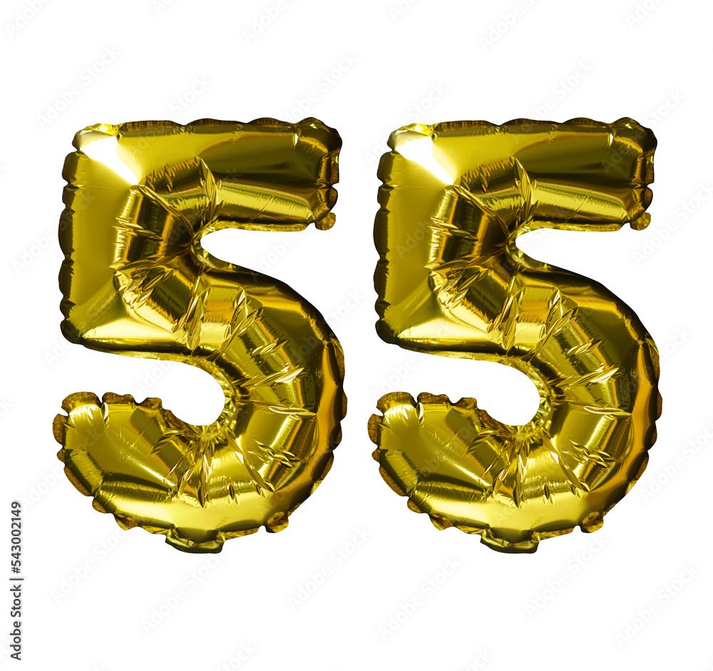 55 Golden number helium balloons isolated background. Realistic foil ...