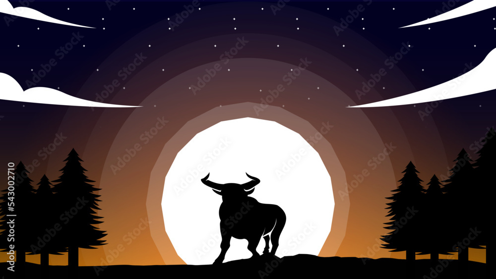 landscape bull Under the Moonlight. fairy tale bull silhouette and ...