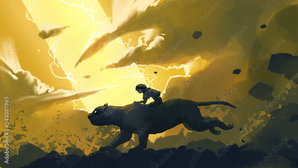 A child riding on the back of a panther runs in the mountains against ...