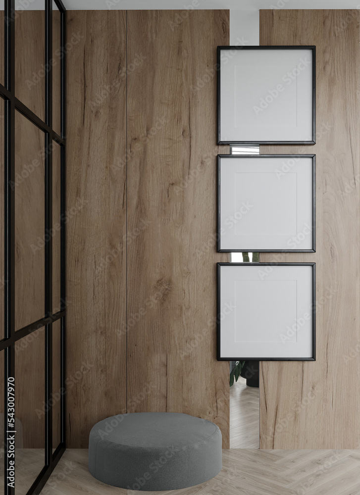 Three 3 square frames for a triptych painting. Black thin borders and ...