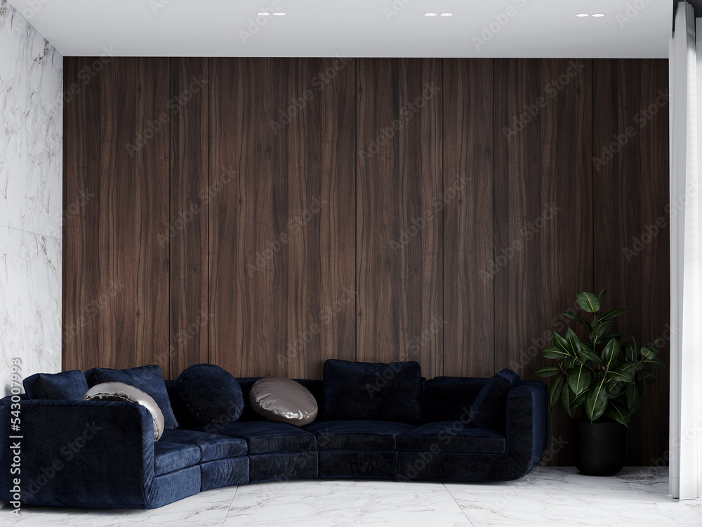 Living room in luxury style and dark colors. Large corner round sofa in ...