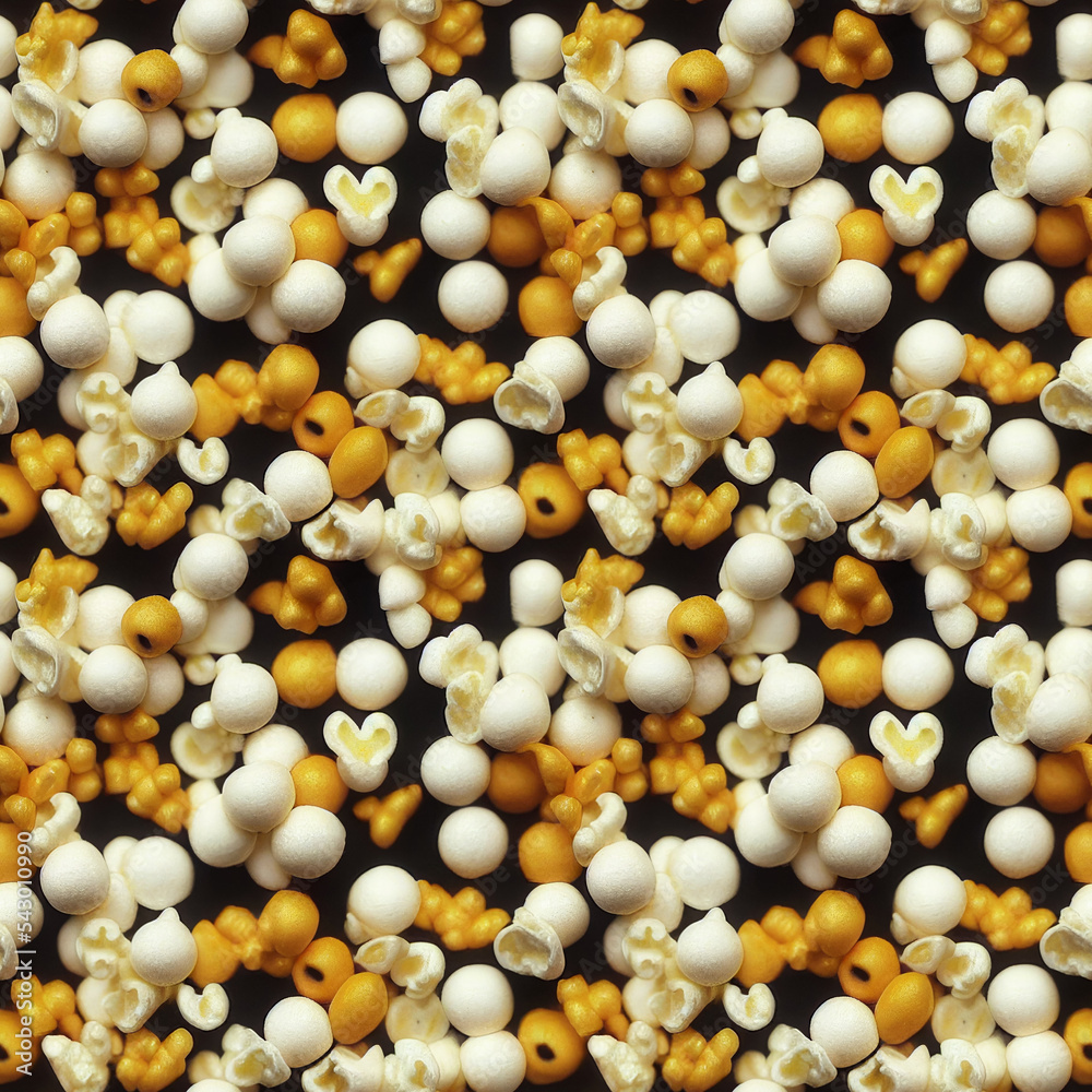 3D rendered seamless fluffy popcorn pattern in black background. For ...