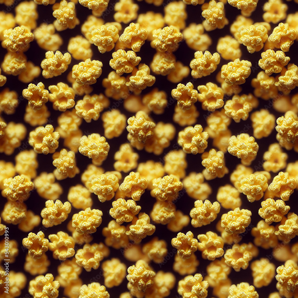 3D rendered seamless fluffy popcorn pattern in black background. For ...
