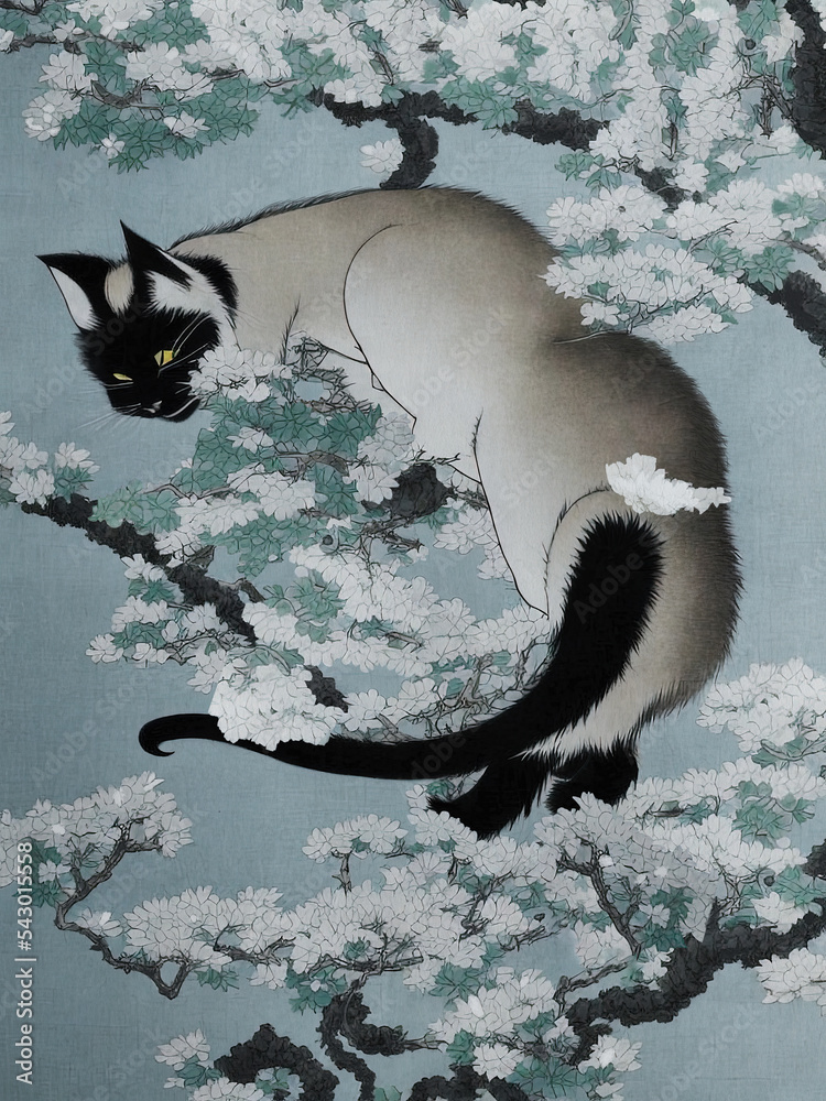 Cat on the tree in ukiyo-e art style. A genre of Japanese art which ...