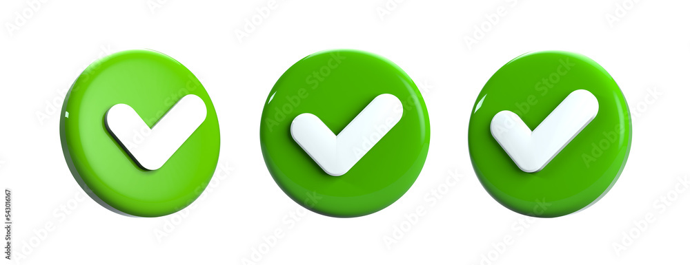 Check mark icon on round buttons, green sign or mark different angle ...