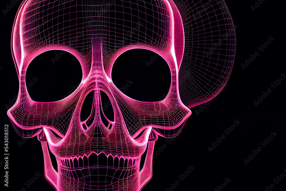 A 3-D skull model is displayed on a black background. Red lines ...