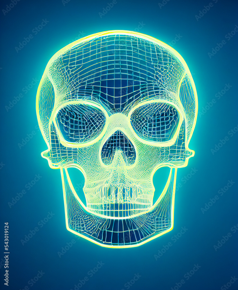Human skull modeled in 3d dimensions in an empty space of blue tint. Front face with orbit and ...
