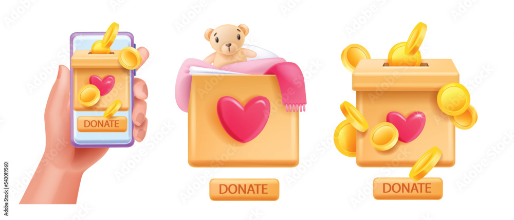 3D donate box, vector charity love badge, heart, button, bear, vector ...