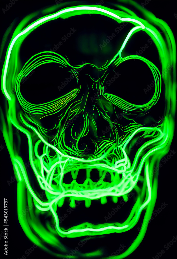 A scary face made out of neon or multicolored light tubes is futuristic ...
