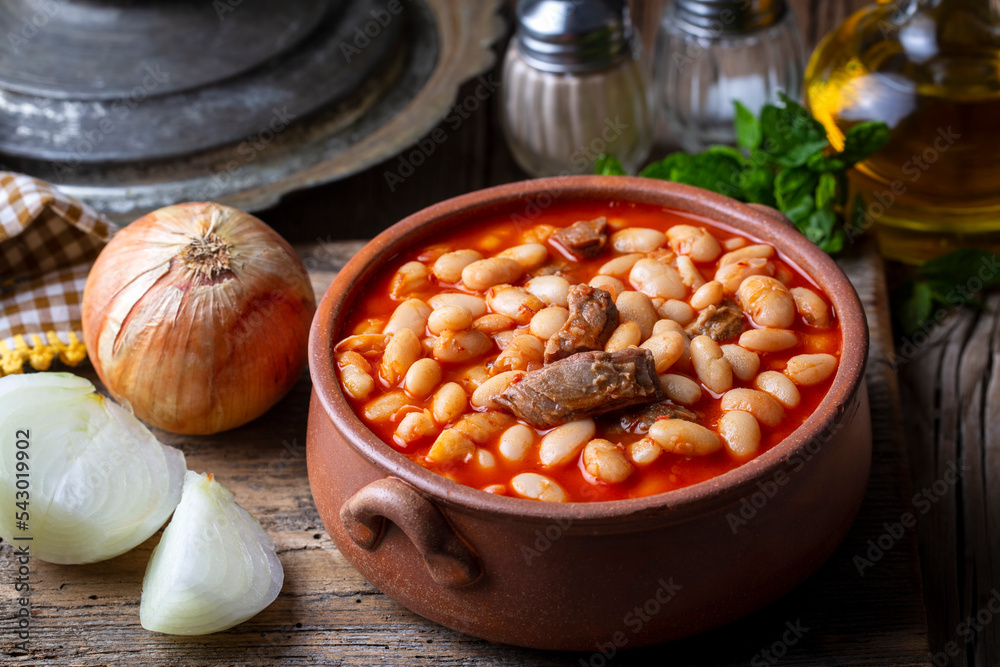 Turkish foods; dried bean, Beans with minced meat (kuru fasulye) Stock ...