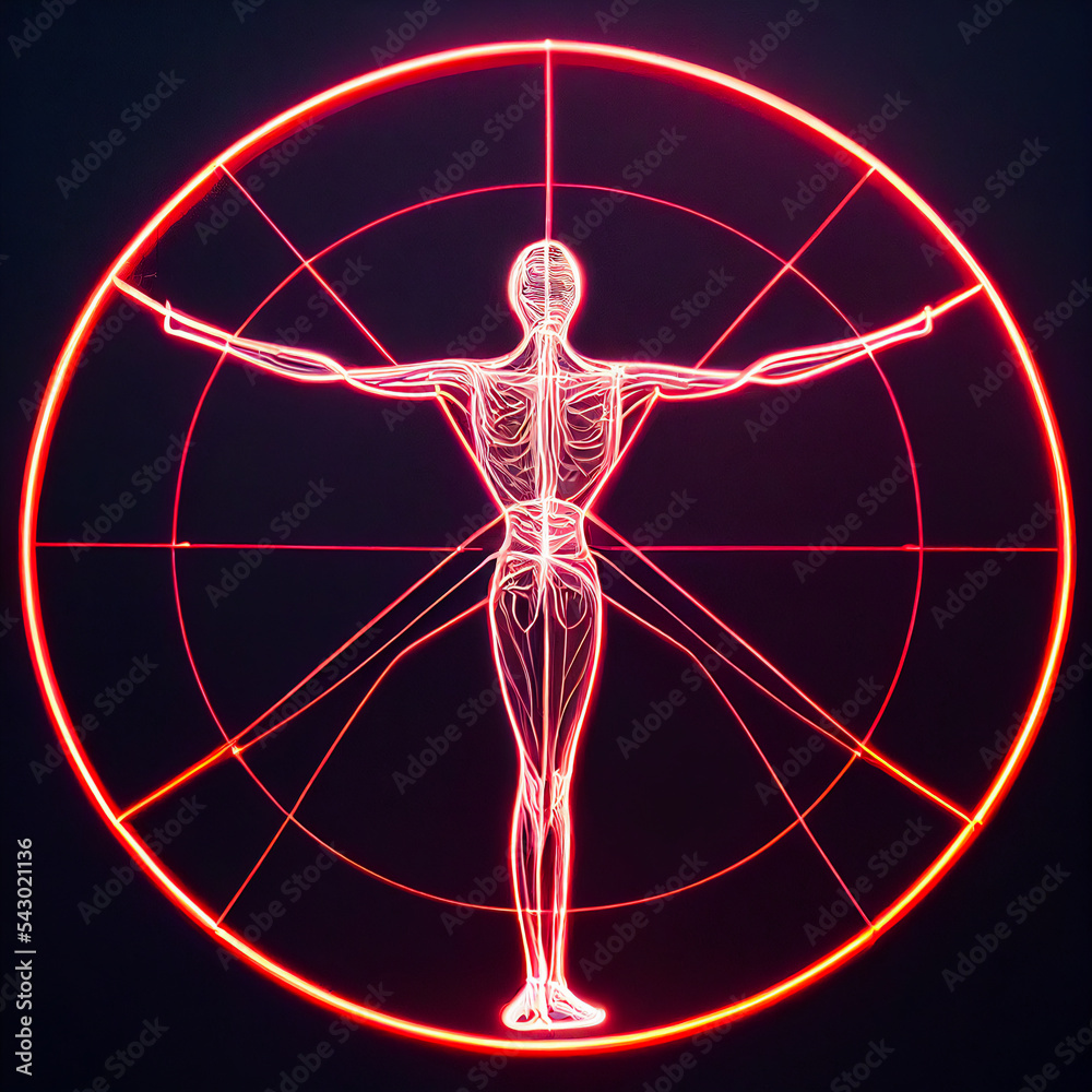 Vitruvian Man, work of art in neon and multicolored light tubes ...
