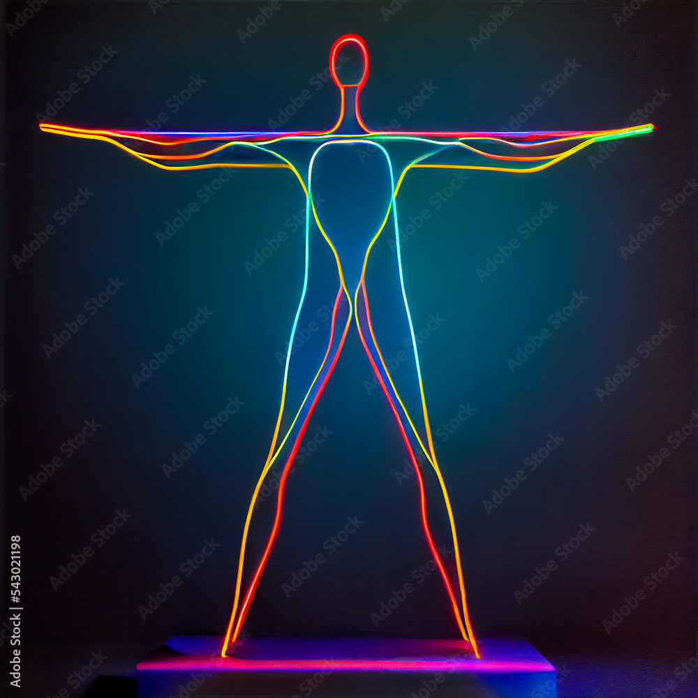 The Vitruvian Man is a neon and light tube artwork that represents the ...