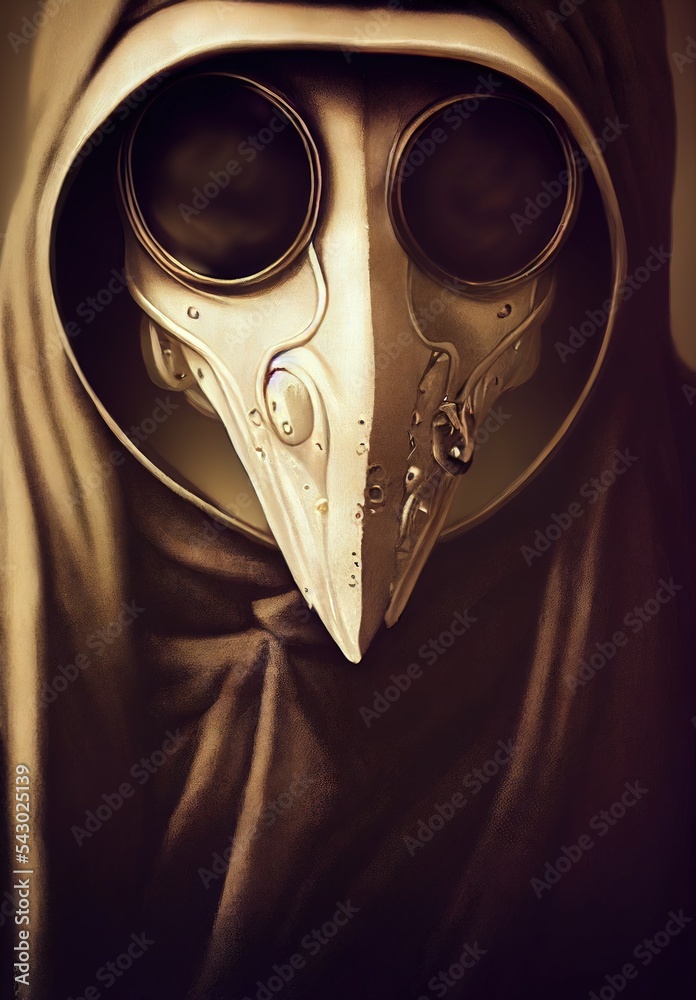 3D rendered computer generated image of a classic plague doctor. Wearing cloak and traditional ...