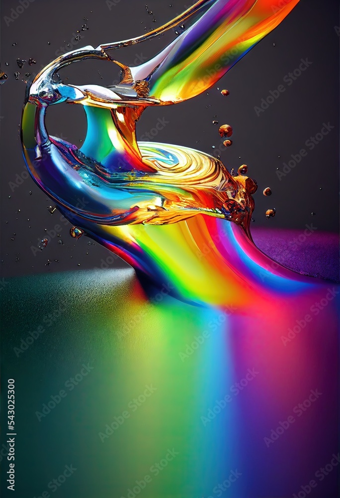 3D rendered computer generated image of a liquid metal rainbow. Bright ...