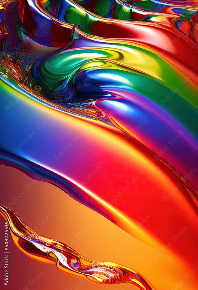 3D rendered computer generated image of a liquid metal rainbow. Bright ...