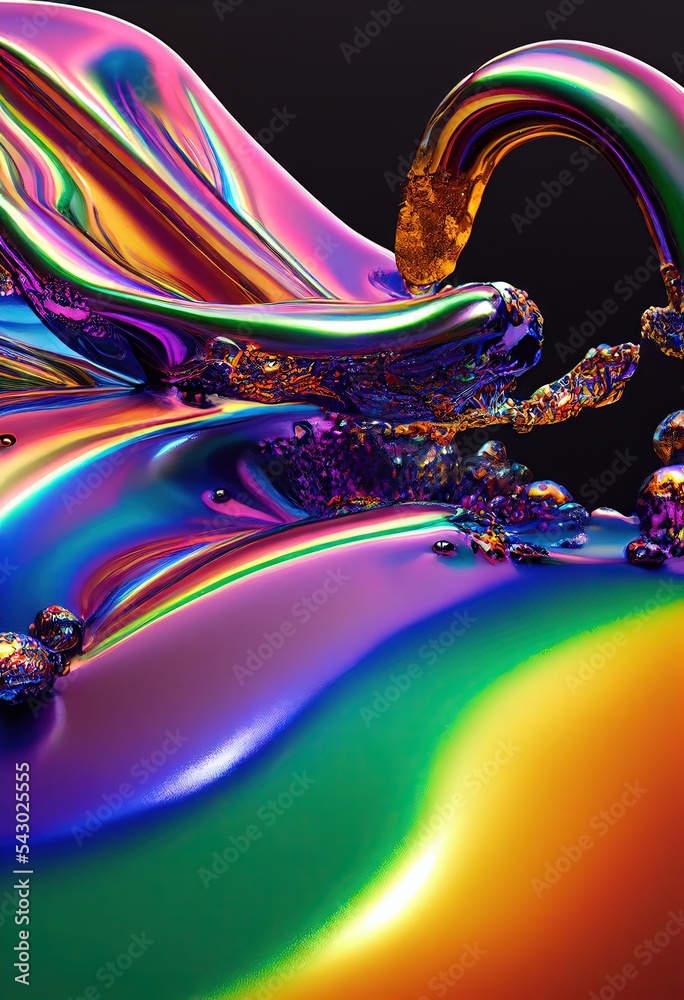 3D rendered computer generated image of a liquid metal rainbow. Bright ...